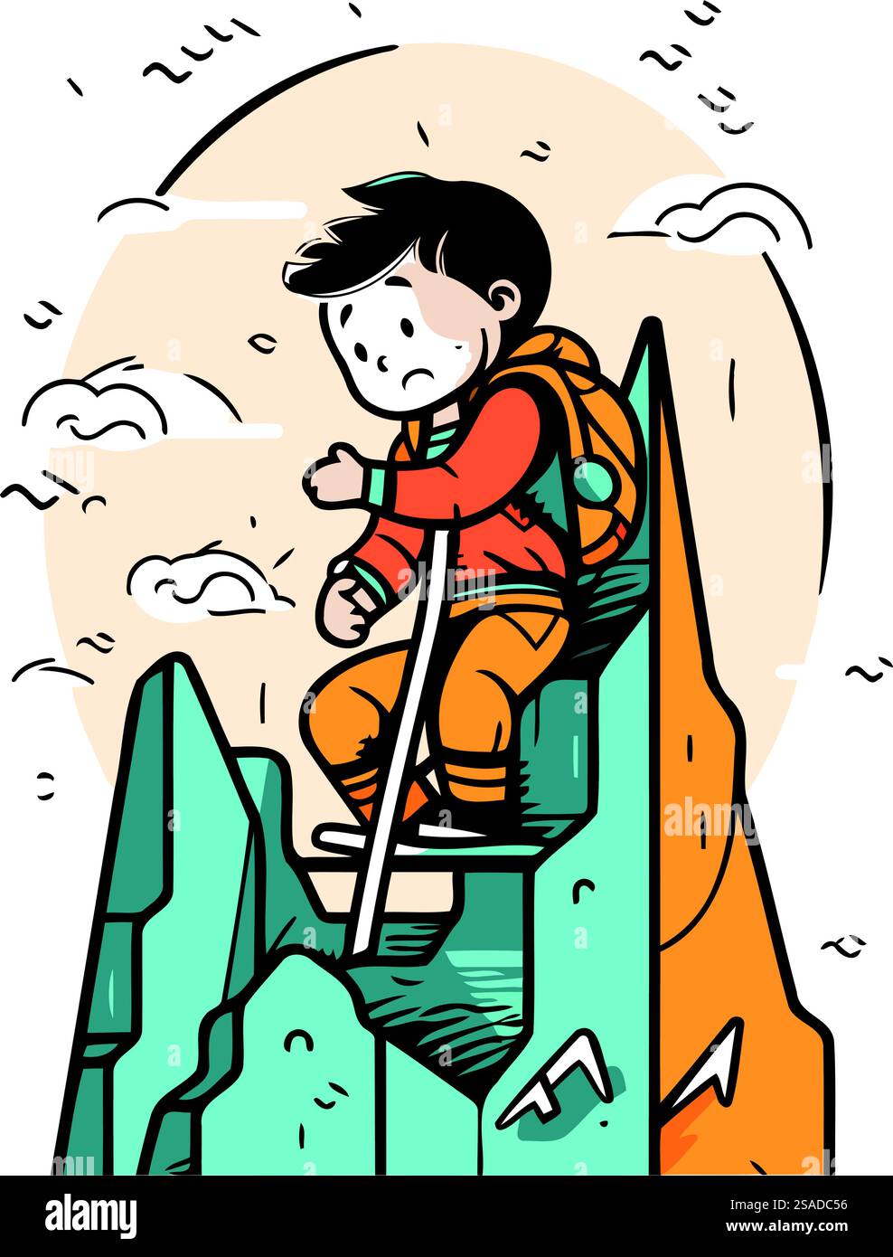 Vector illustration of a boy climbing on a cliff. Cartoon style Stock ...