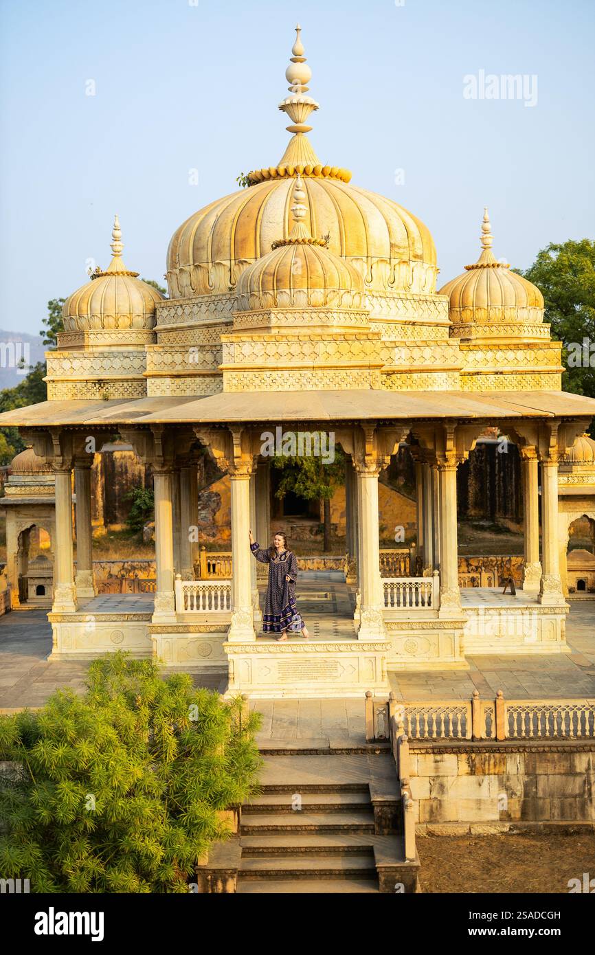 Beautiful woman enjoying vacation in India visiting Maharani Ki Chhatri ...