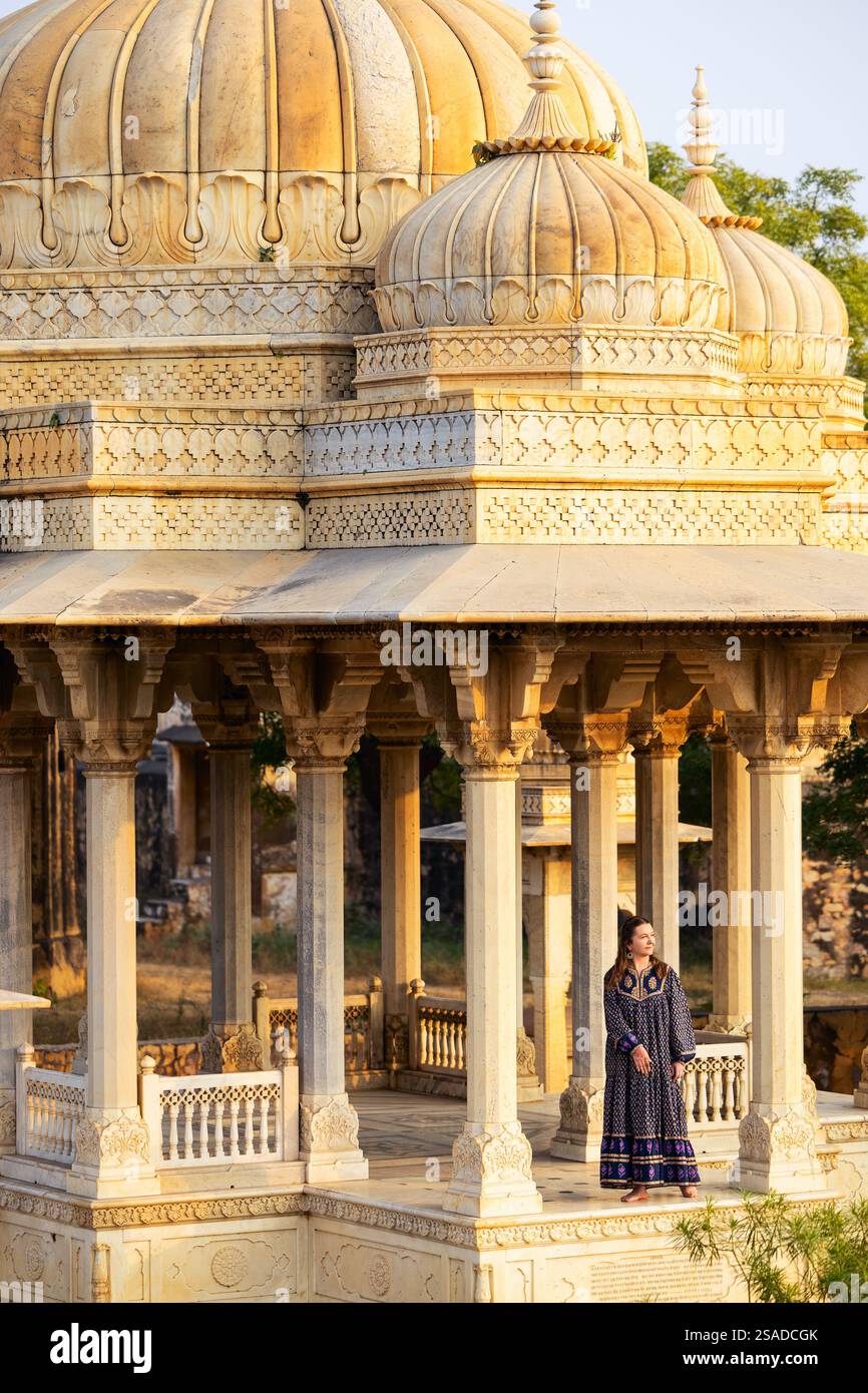 Beautiful woman enjoying vacation in India visiting Maharani Ki Chhatri ...