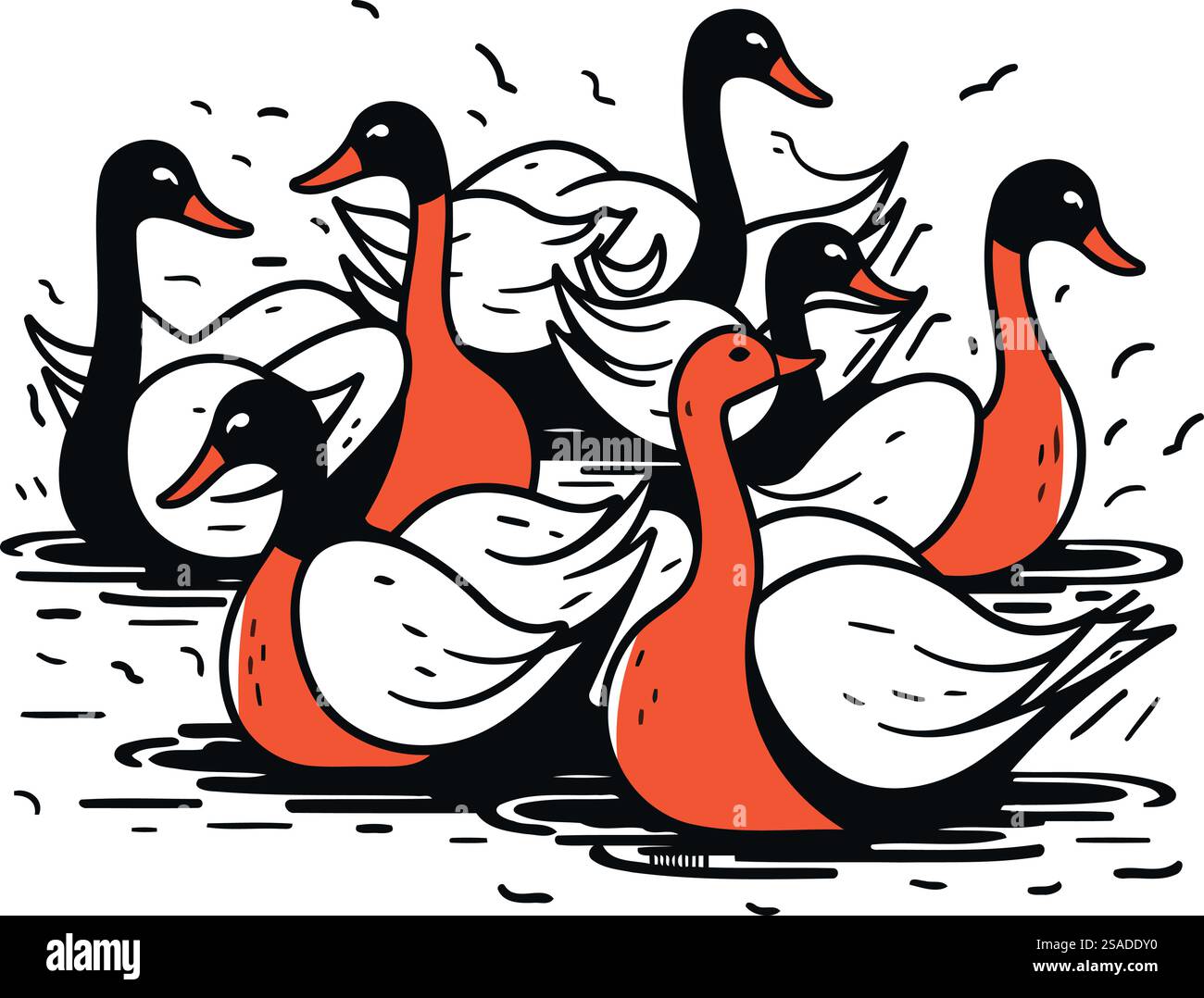 Flock of swans on the water. Hand drawn vector illustration Stock ...