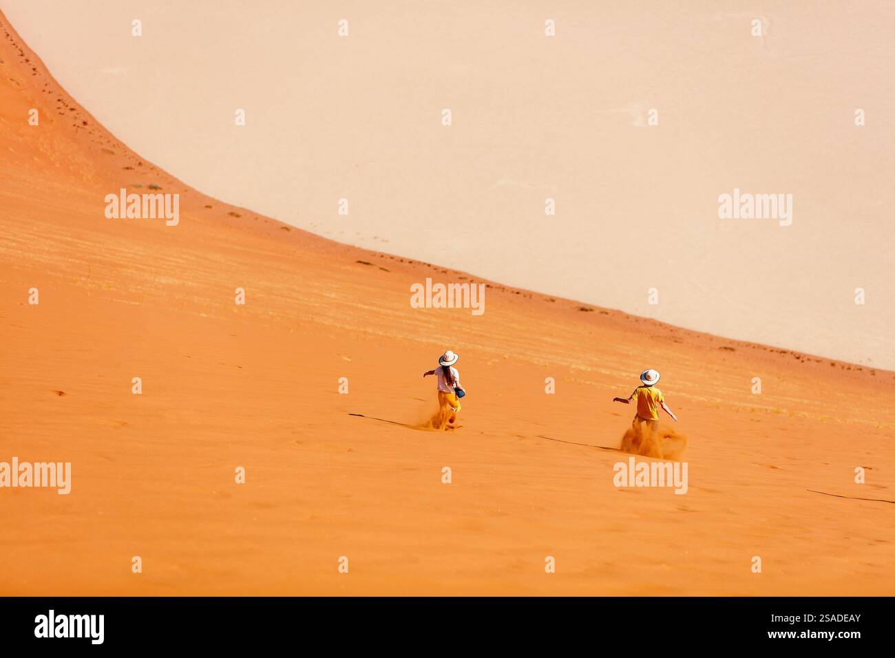 Kids brother and sister having fun running down famous red sand dune ...