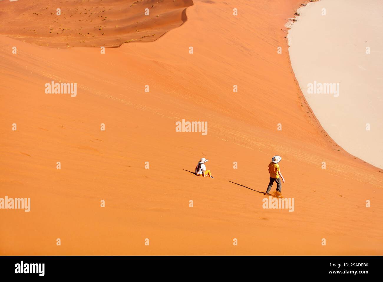 Kids brother and sister having fun running down famous red sand dune ...