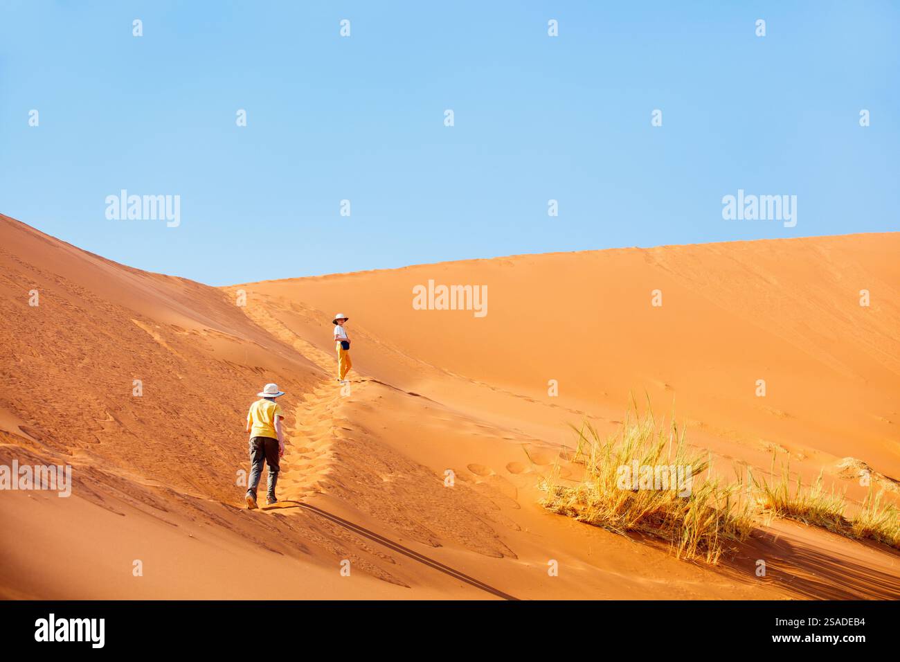 Kids brother and sister climbing up famous red sand dune Big Daddy in ...