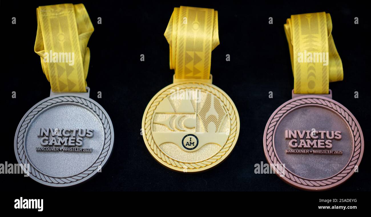 Vancouver, Canada. 29th Jan, 2025. Silver, Gold and Bronze medals are ...