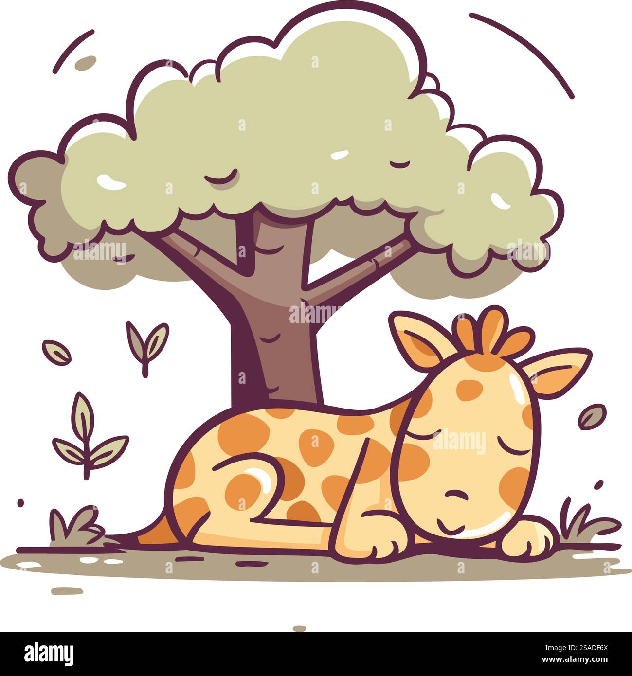 Cartoon vector illustration of cute giraffe sleeping under a tree Stock ...