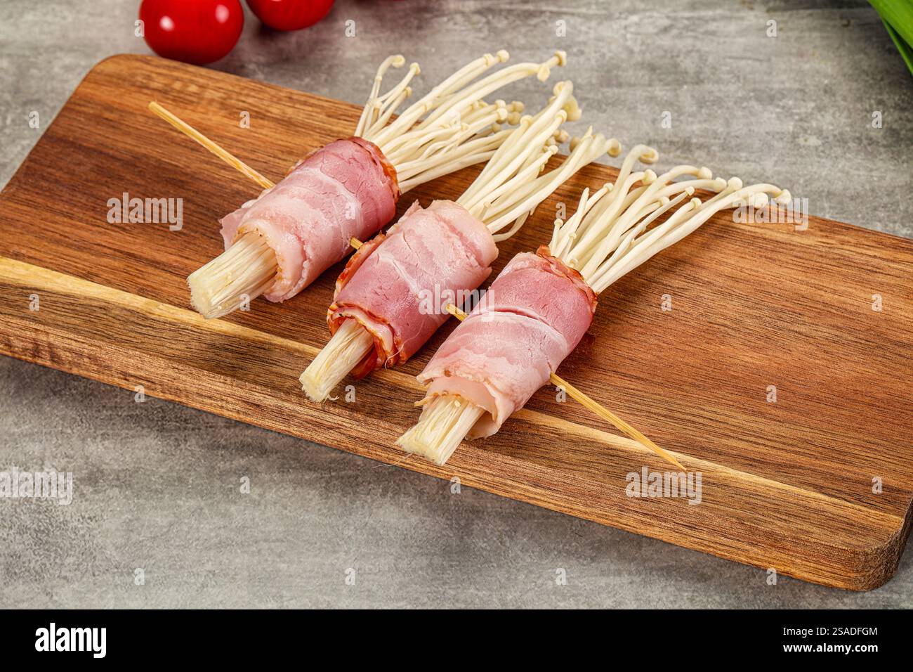 Raw roll with enoki mushroom and bacon Stock Photo - Alamy