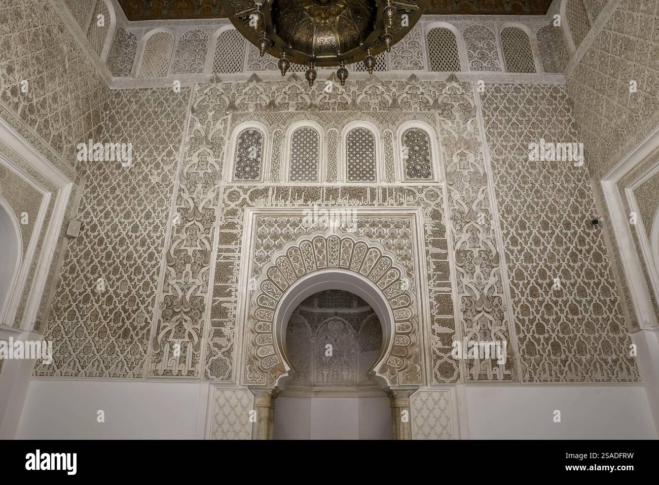 Ben Youssef madrasa (medersa), Marrakesh, Morocco. Prayer hall with ...