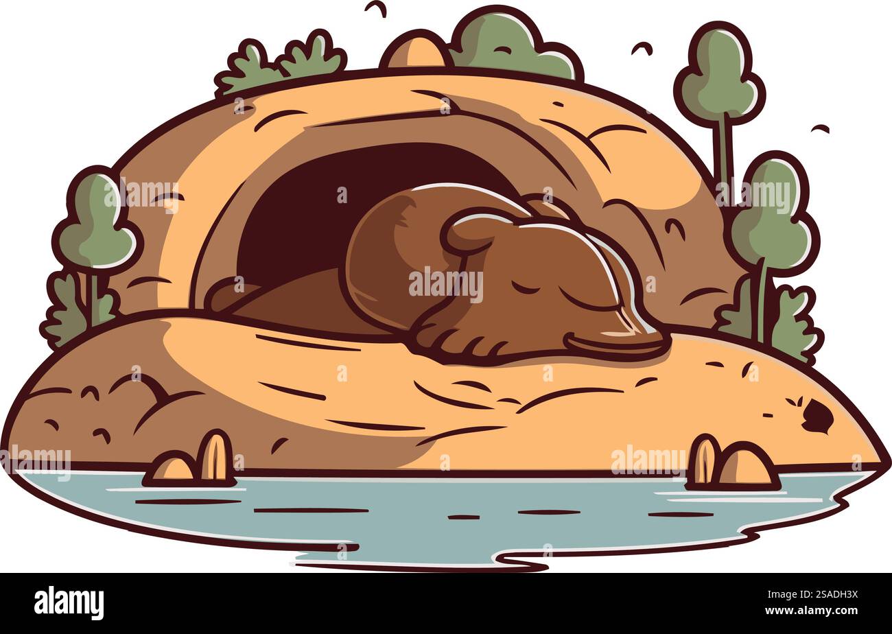 Vector illustration of a sleeping bear in a cave. Cartoon style Stock ...