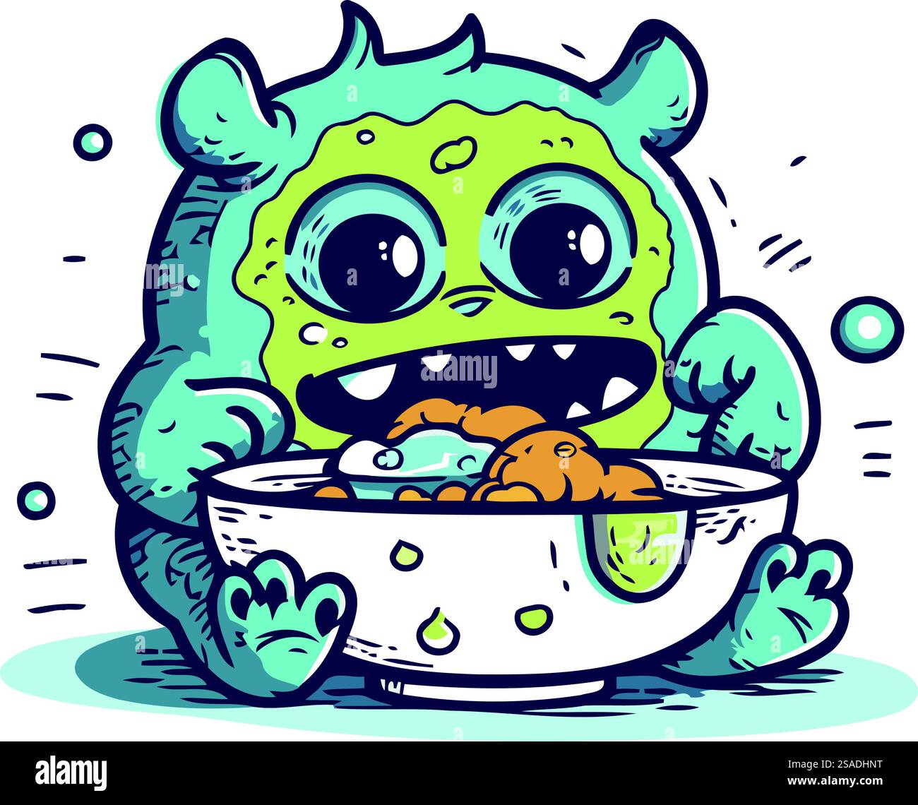 Cute cartoon monster eating a bowl of food. Vector illustration Stock ...