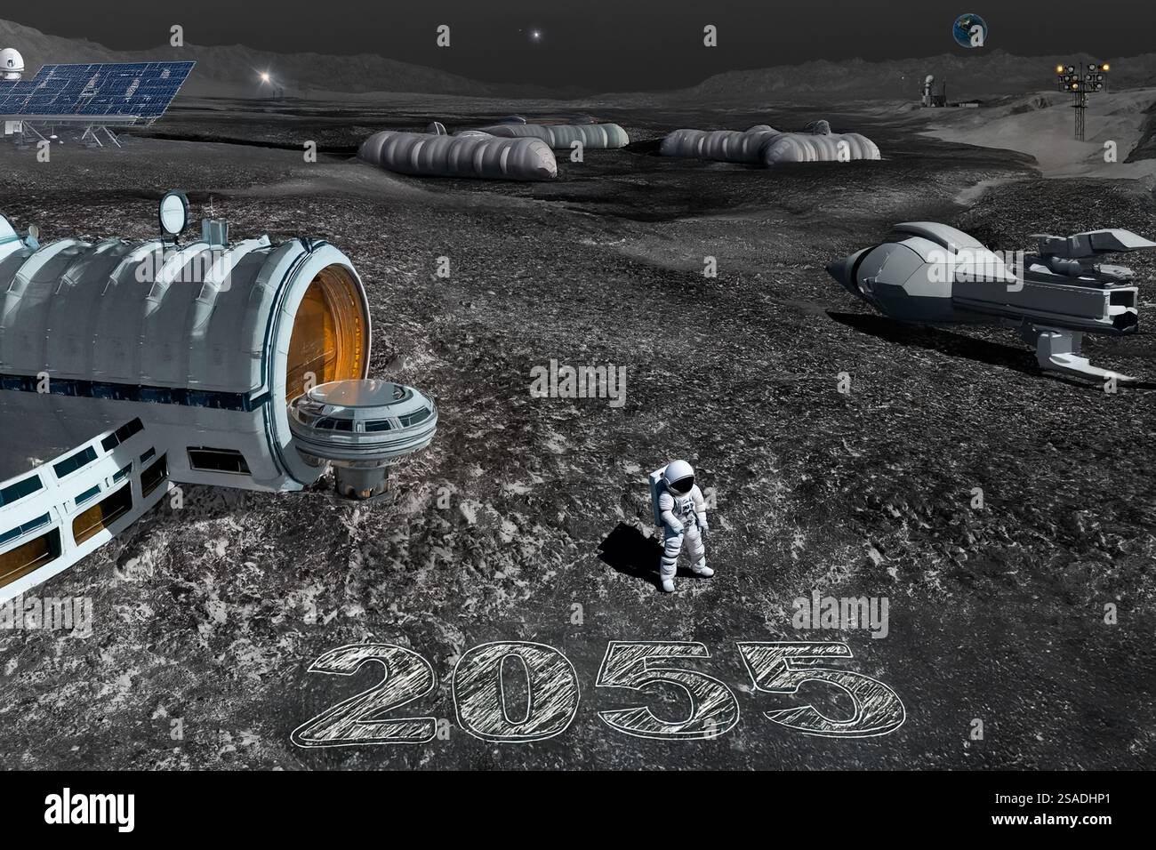 A lunar colony in 2055 showcases cutting-edge space habitats, solar panels, and a state-of-the ...