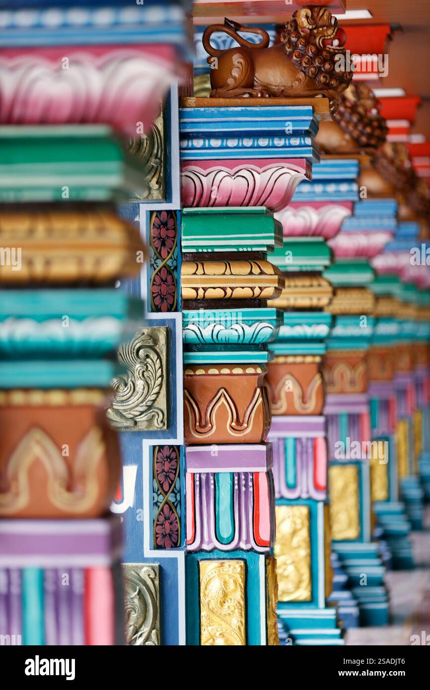Sri Maha Mariamman Hindu Temple founded in 1873. Colored columns ...