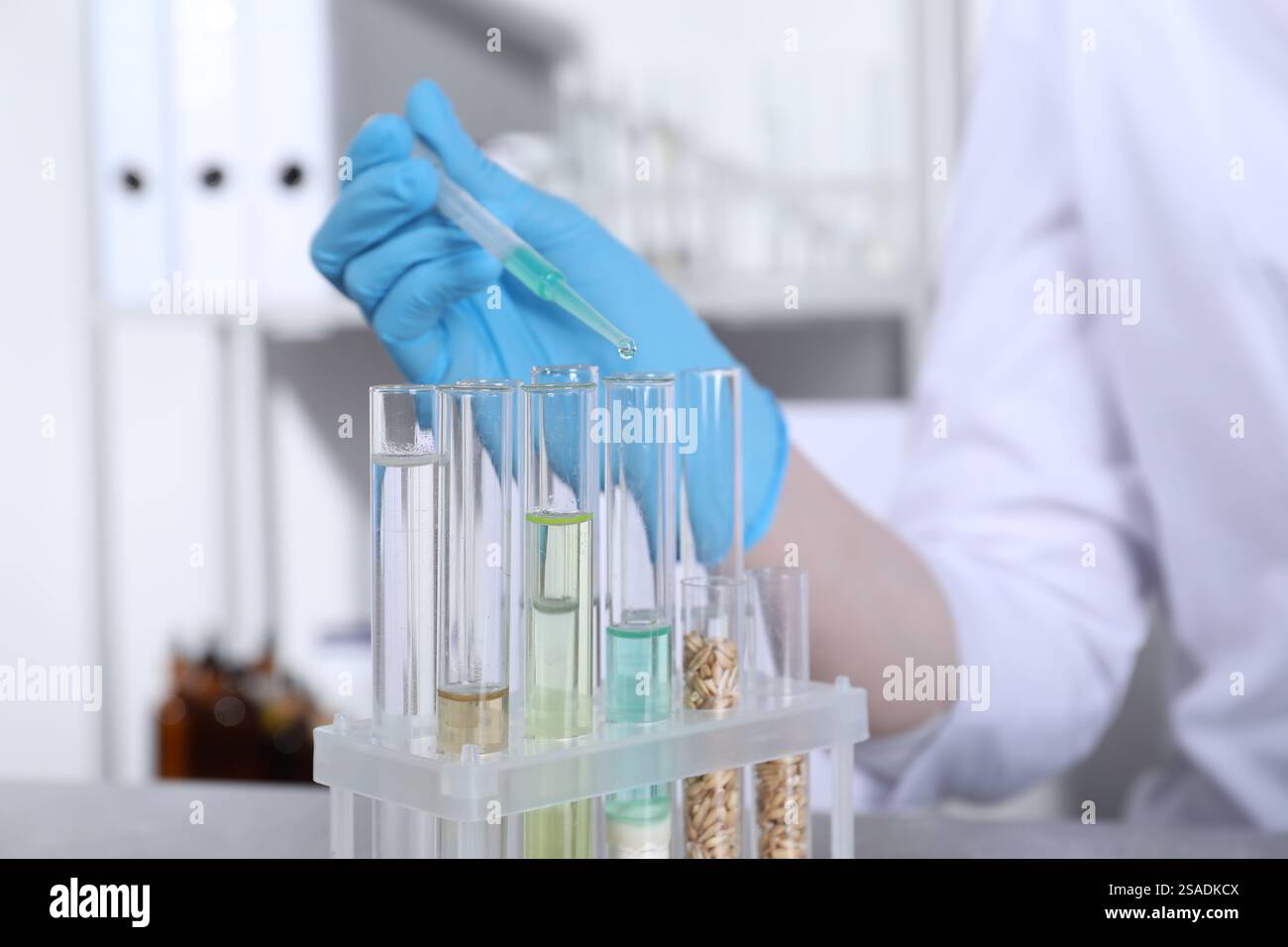 Laboratory testing. Scientist dripping sample from pipette into test ...