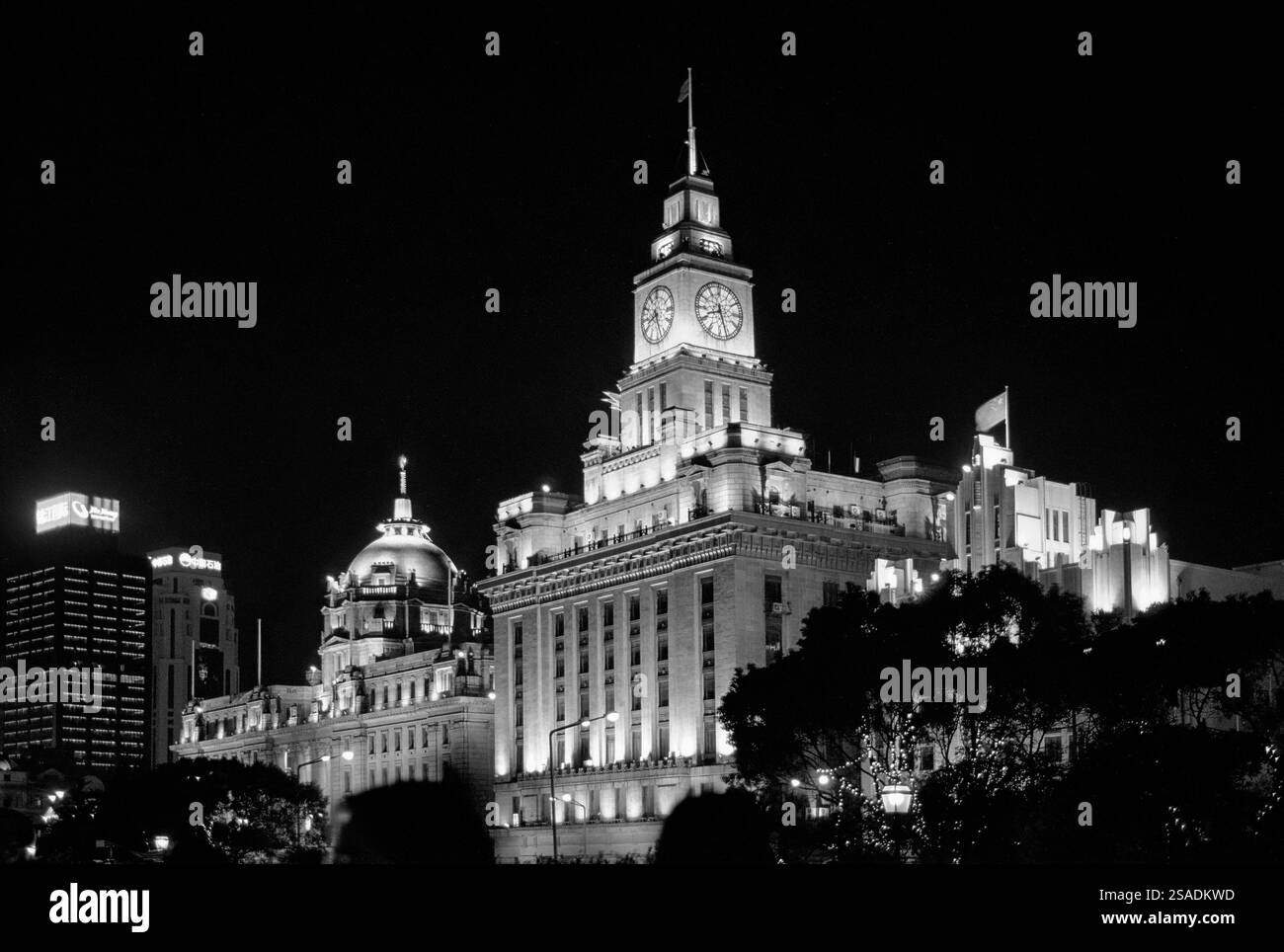 The Custom House and the HSBC Building in Shanghai at night in black ...