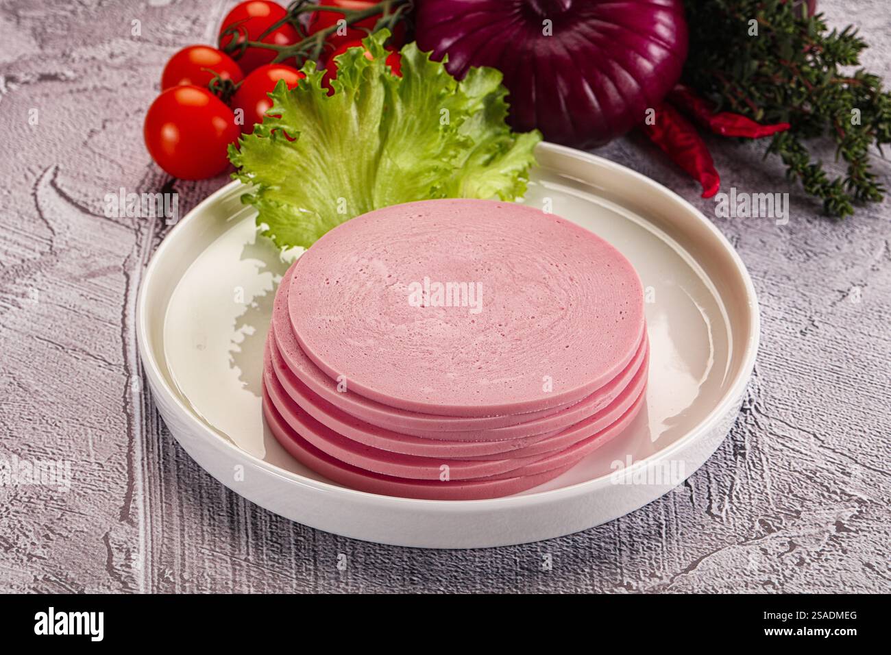 Boiled pork sliced sausage stack for breakfast Stock Photo - Alamy