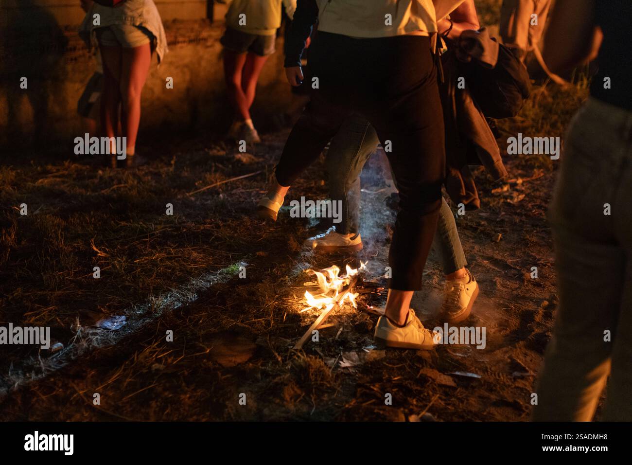 People at a bonfire at the San Juan Festival in Vilagarcía de Arousa ...