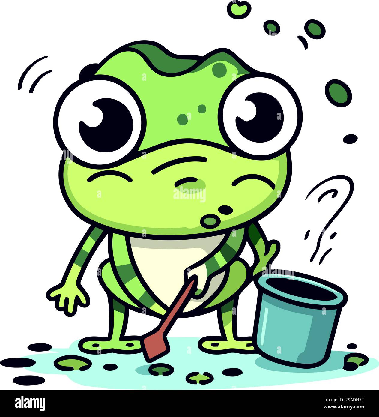 Cute frog with a bucket of water. Vector illustration in cartoon style ...