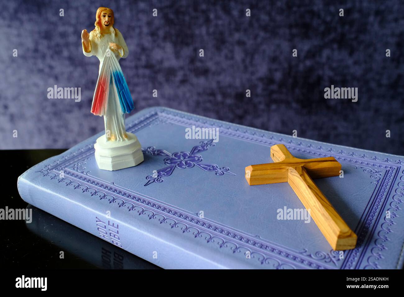 Bible, wooden cross and the Divine Mercy of Jesus. Symbols of ...
