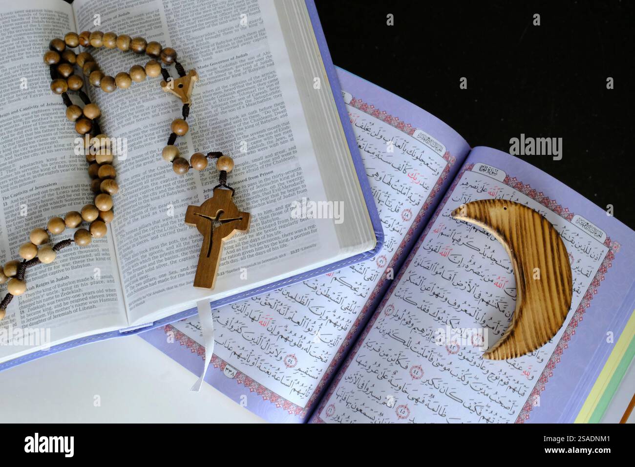 Religious symbols : Muslim Crescent with Quran, and Christan Cross with ...