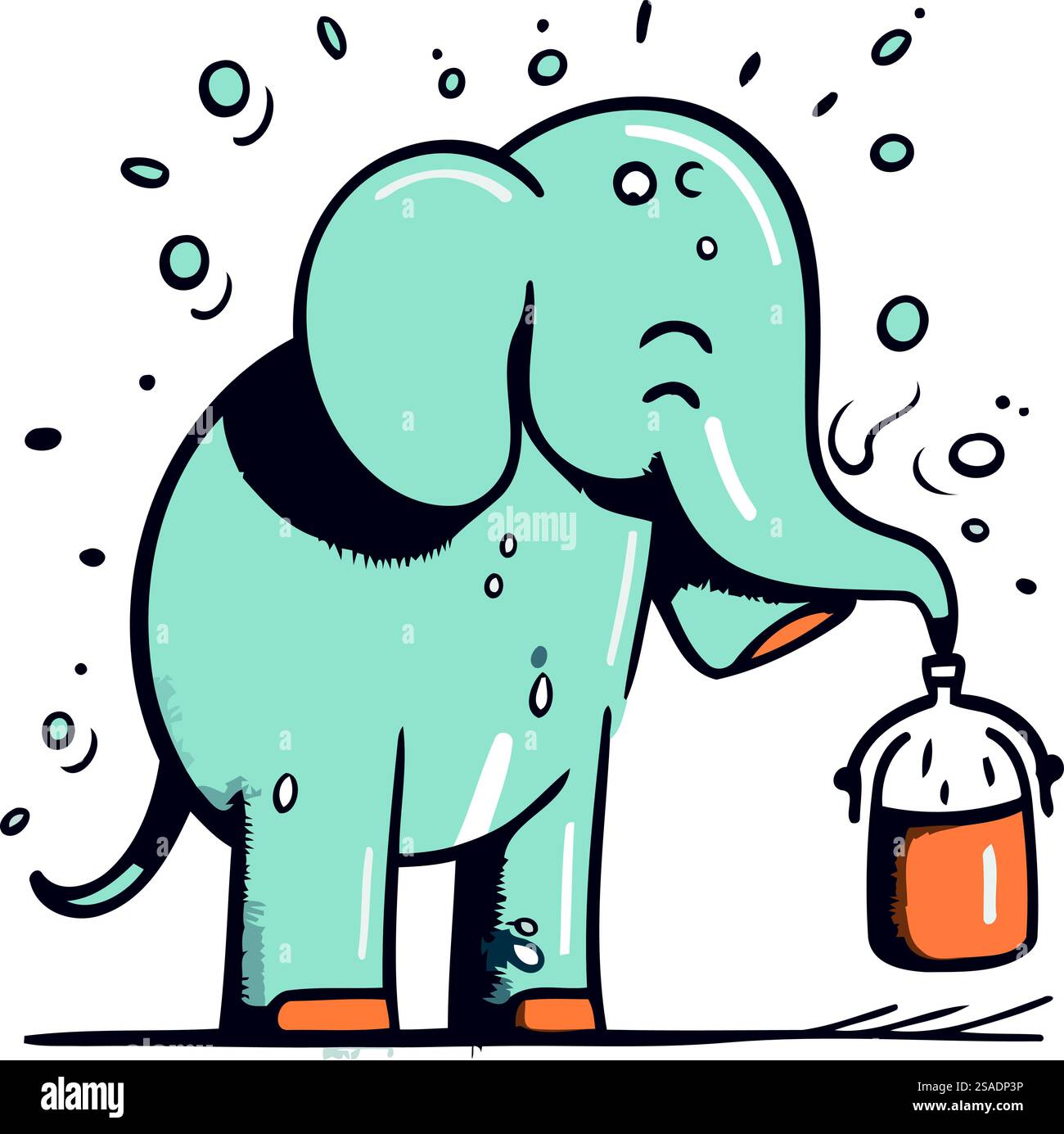 Cute elephant drinking water from a bottle. Hand drawn vector ...