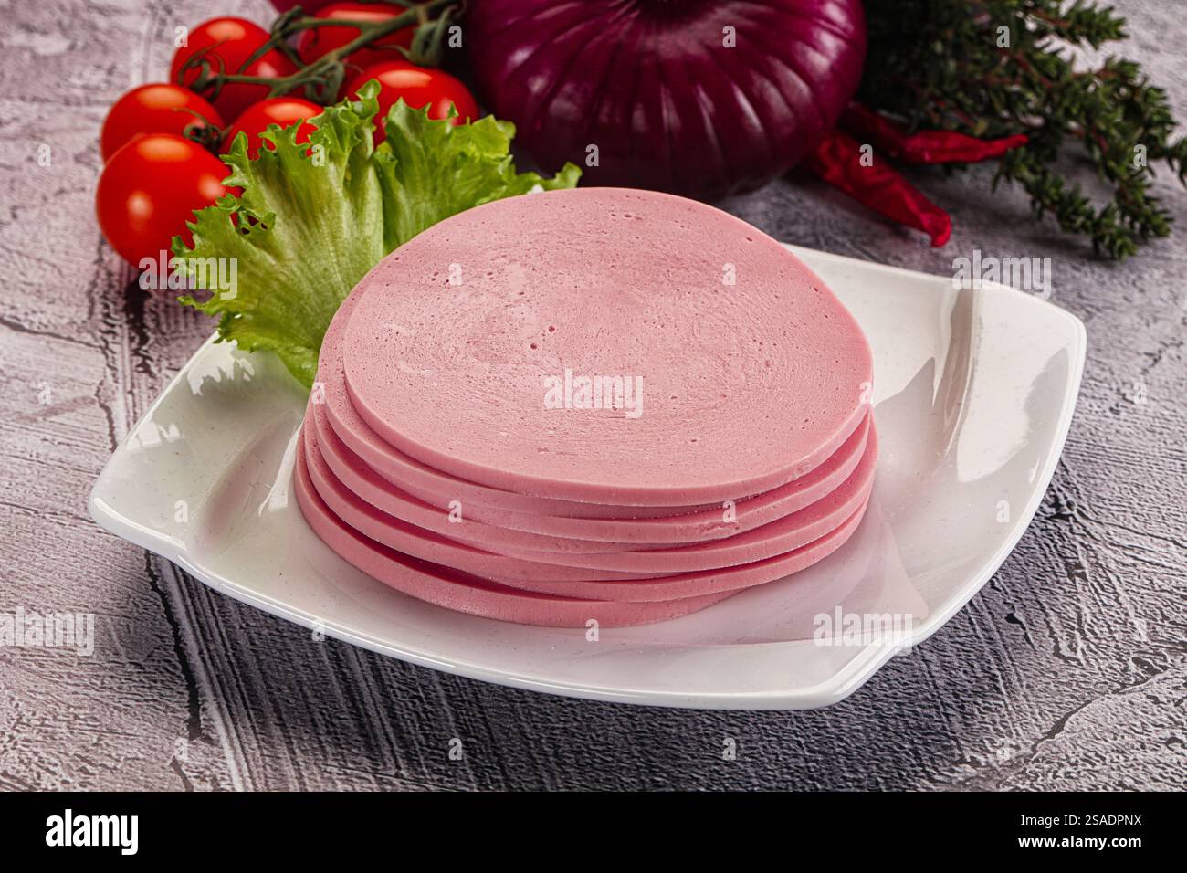Boiled pork sliced sausage stack for breakfast Stock Photo - Alamy