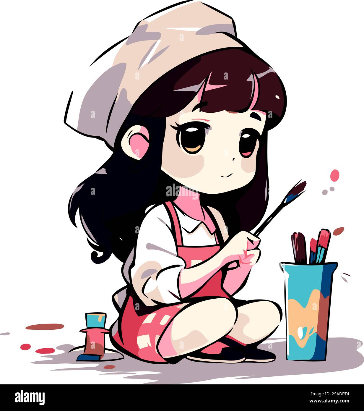 Cute little painter girl with paintbrush and palette. Vector ...