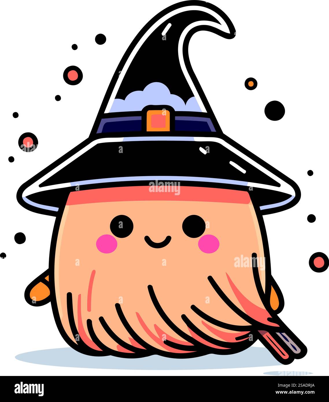 Cute happy Halloween witch with hat and broomstick. Vector illustration ...
