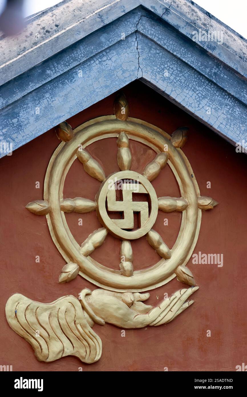 Phuoc Duyen buddhist pagoda. Hand with Dharma Wheel. Dharmachakra, the ...