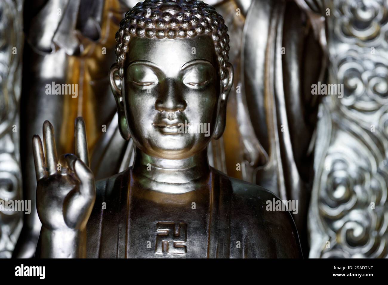 Phuoc Duyen buddhist pagoda. Golden Buddha statue. Akasha mudra ...