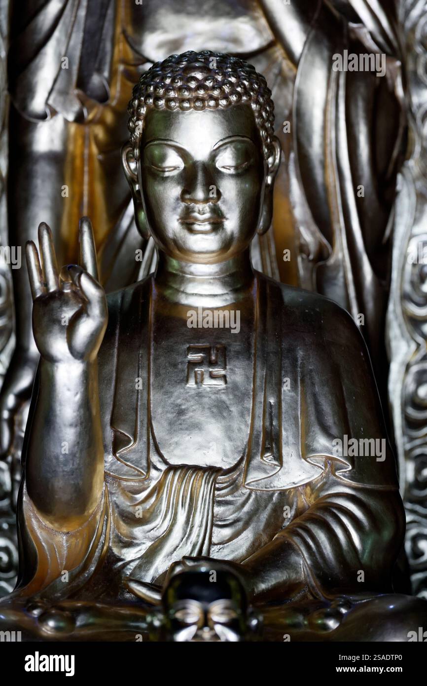 Phuoc Duyen buddhist pagoda. Golden Buddha statue. Akasha mudra ...