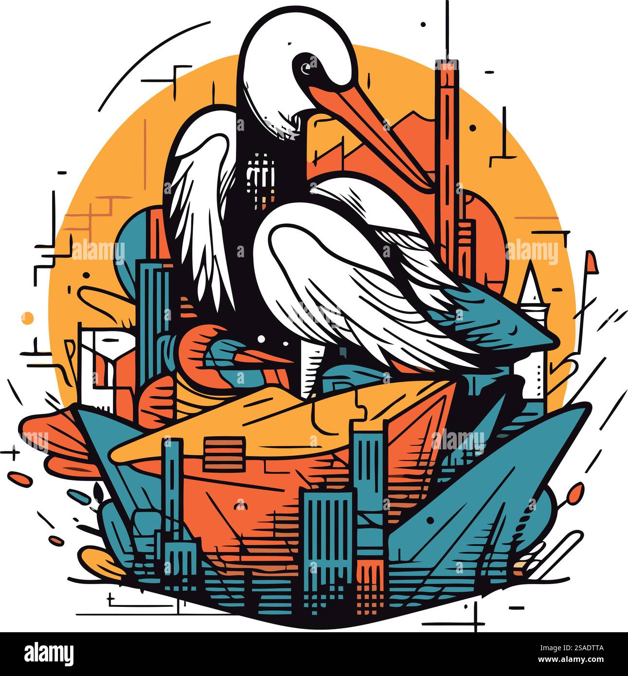 Pelican on the island. Hand drawn vector illustration in doodle style ...