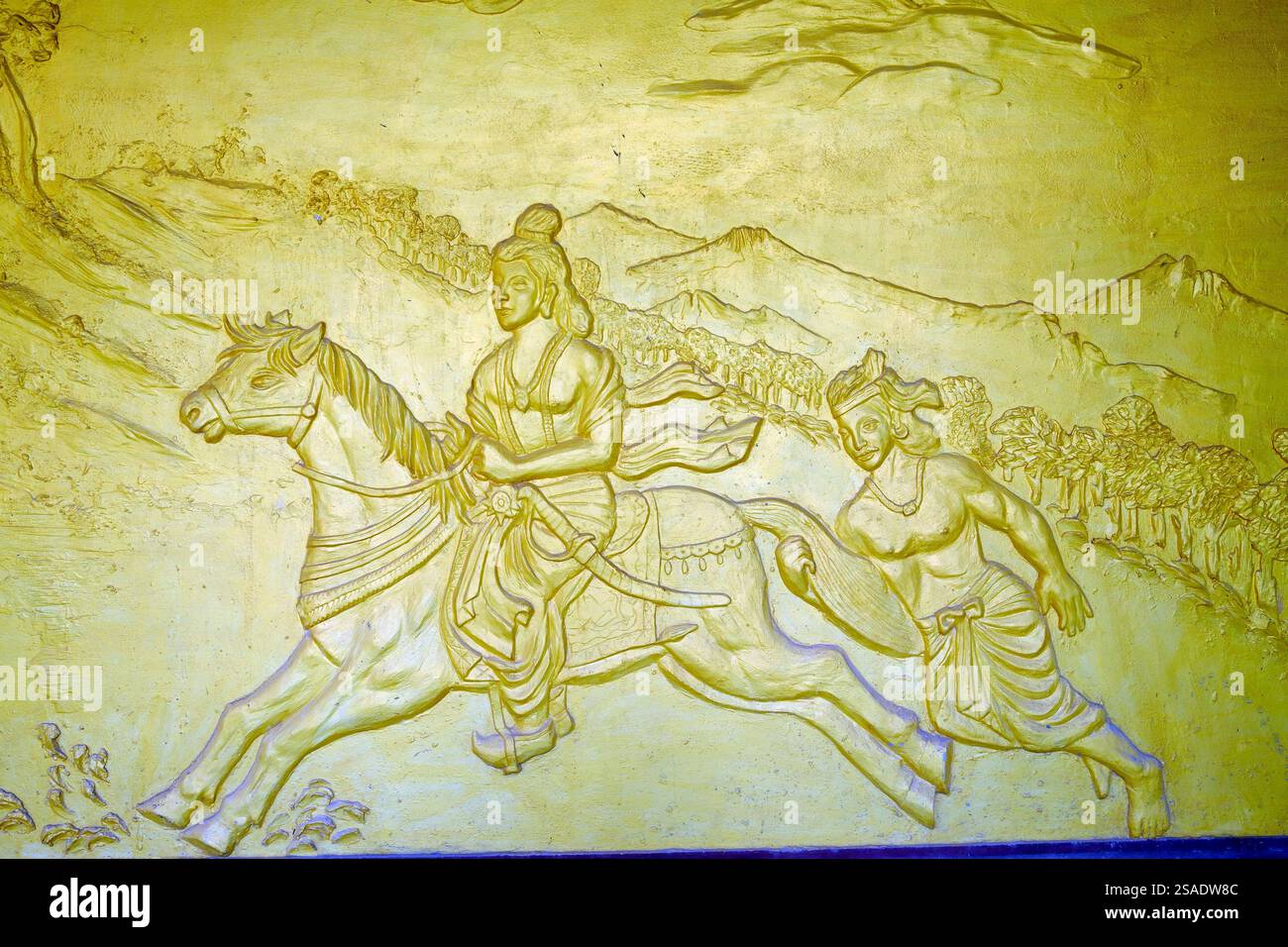 Long Duc buddhist Pagoda. Life of Buddha. Prince Siddhartha riding on ...