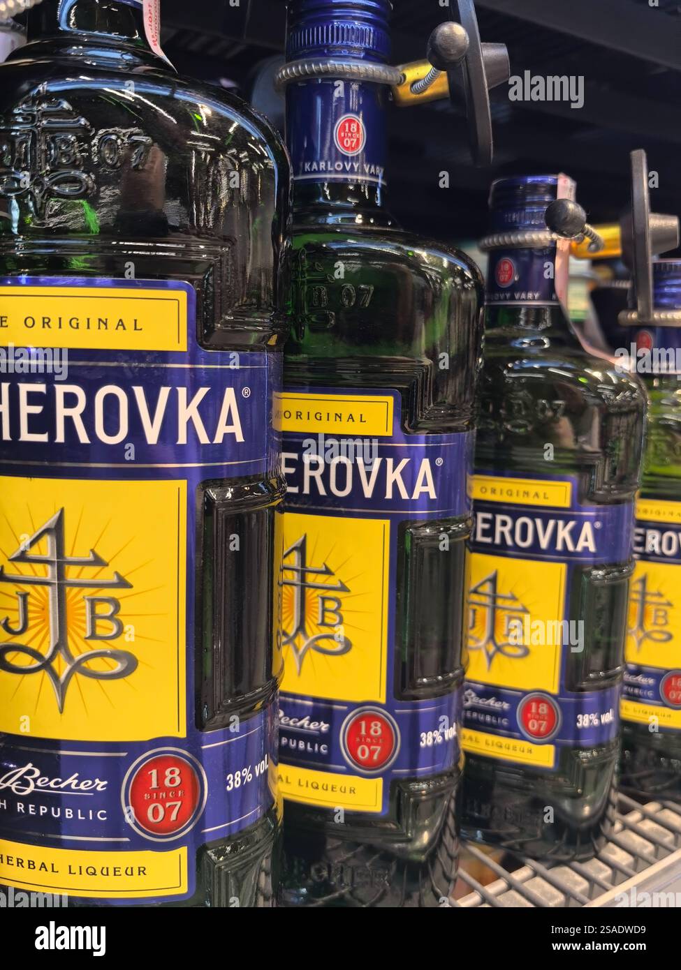 Bobruisk, Belarus - 26 January 2025: Bottles of herbal liqueur rest on ...