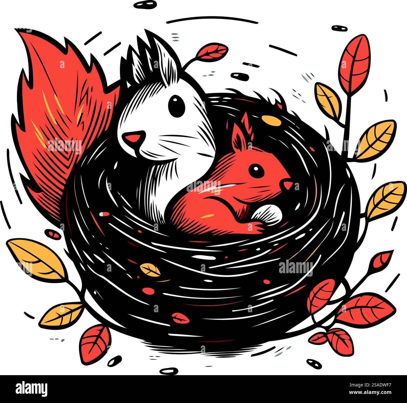 Cute squirrel in the nest with autumn leaves. Vector illustration Stock ...
