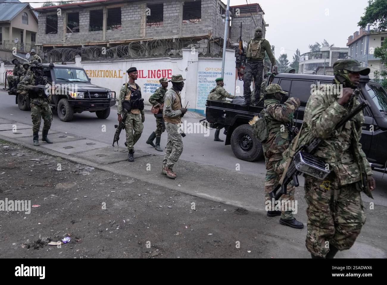 M23 rebels patrol in Goma, Democratic Republic of Congo, Wednesday, Jan. 29, 2025. (AP Photo ...