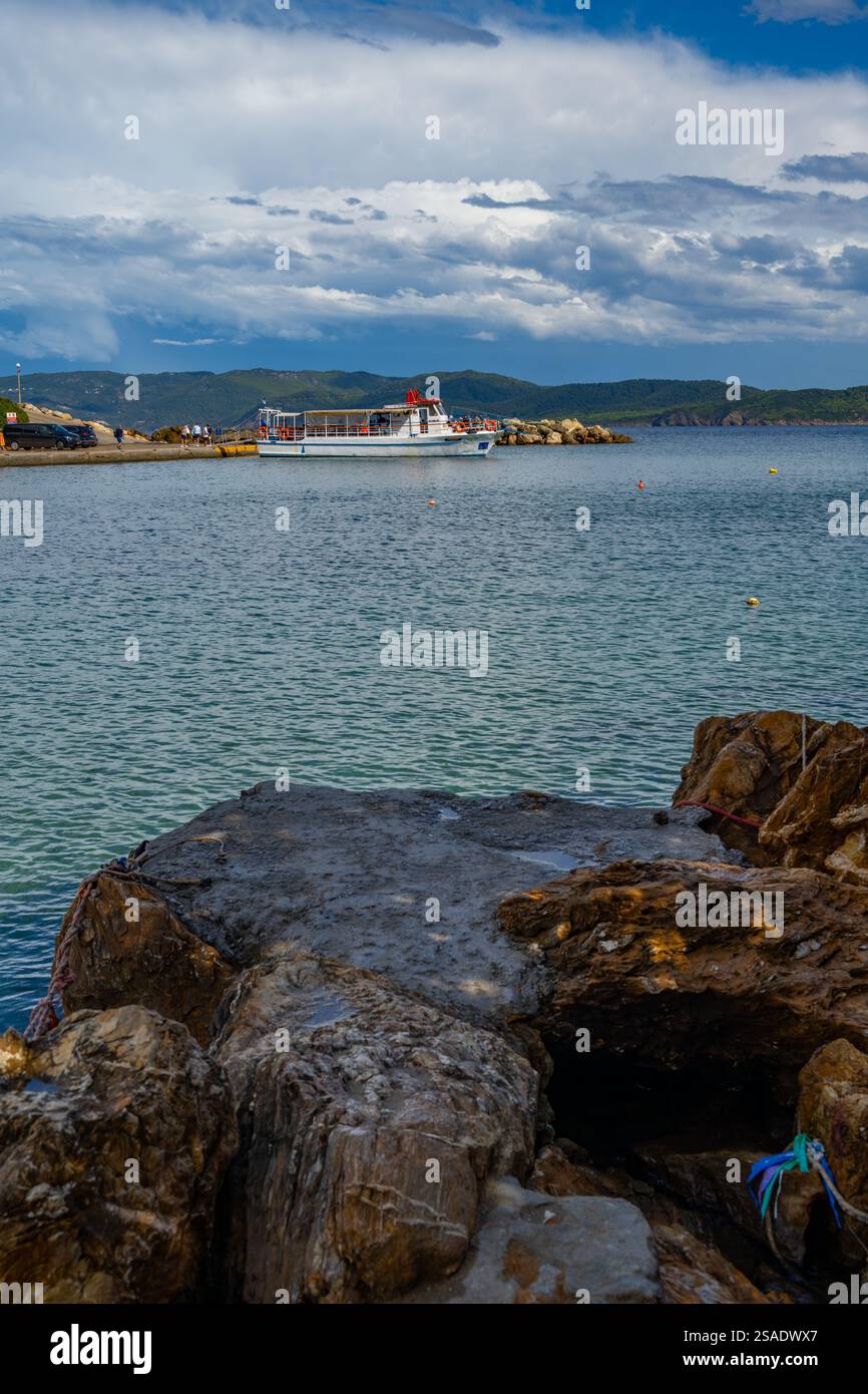 Tourist ferry boast at Katigiorgis on the east coast of the Pelion ...