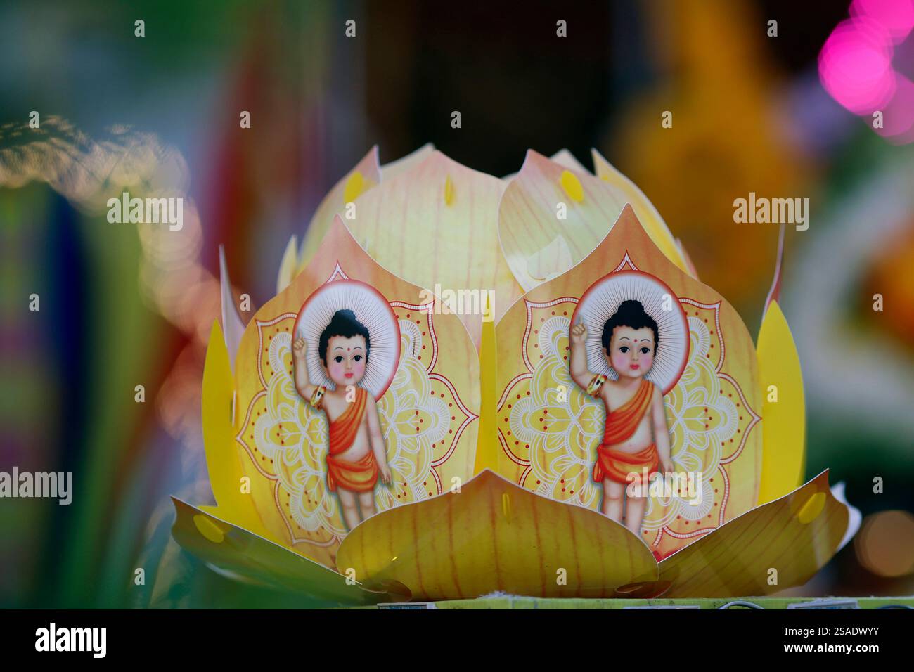 Phuoc Long Buddhist pagoda. Infant Buddha statue pointing the north. On ...