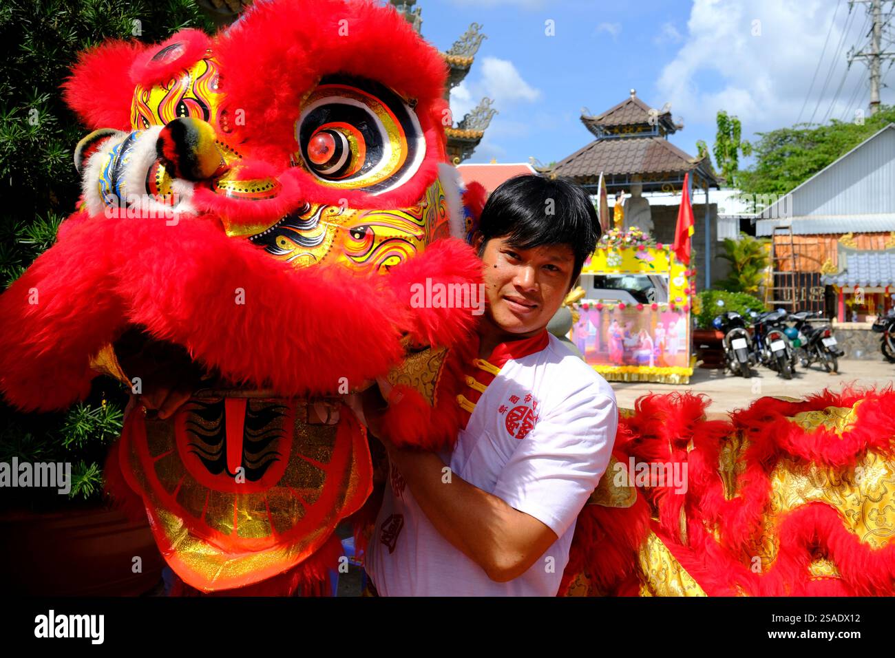 Phuoc Long Buddhist pagoda. Traditional chinese lion dancing for ...