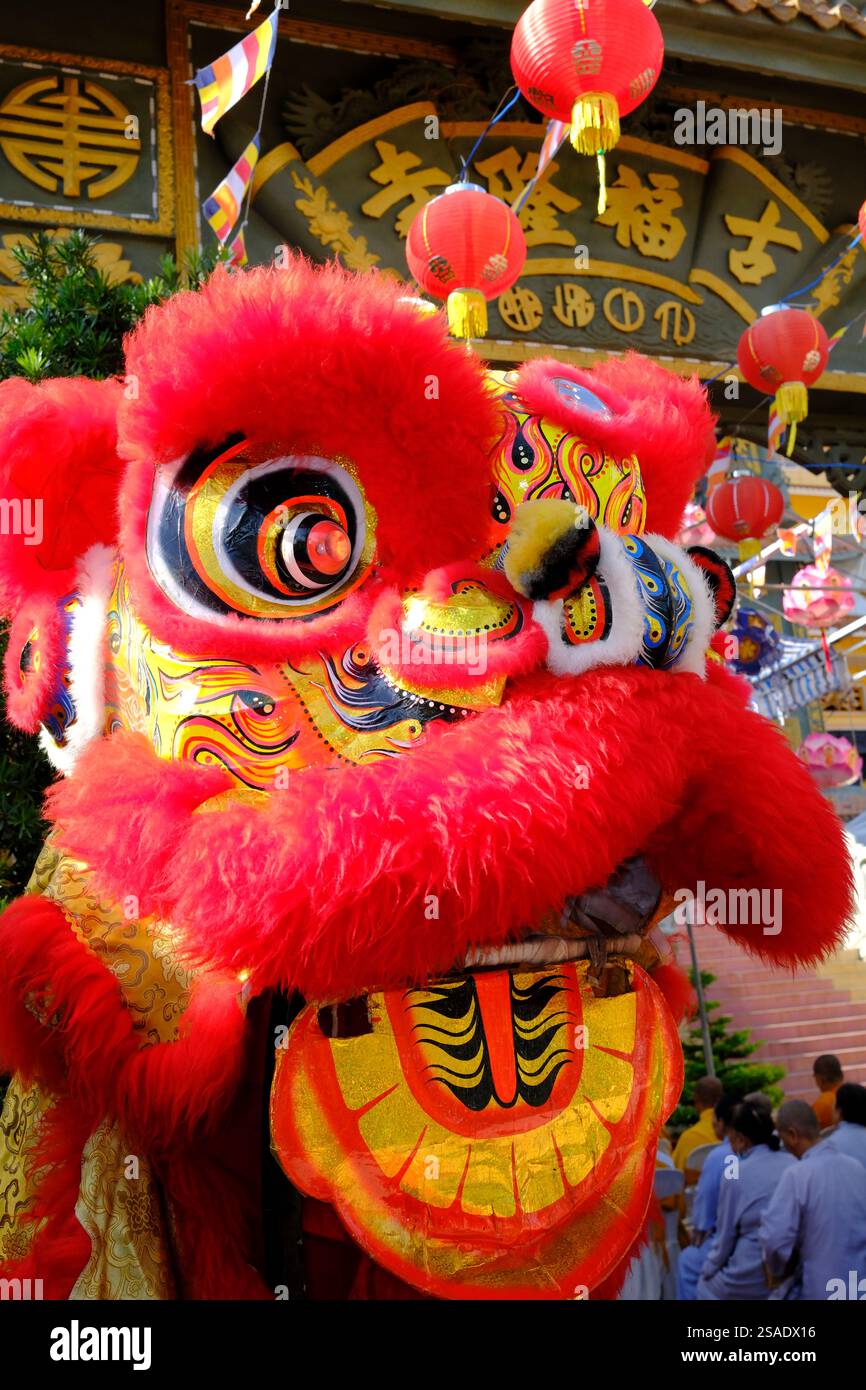 Phuoc Long Buddhist pagoda. Traditional chinese lion dancing for ...