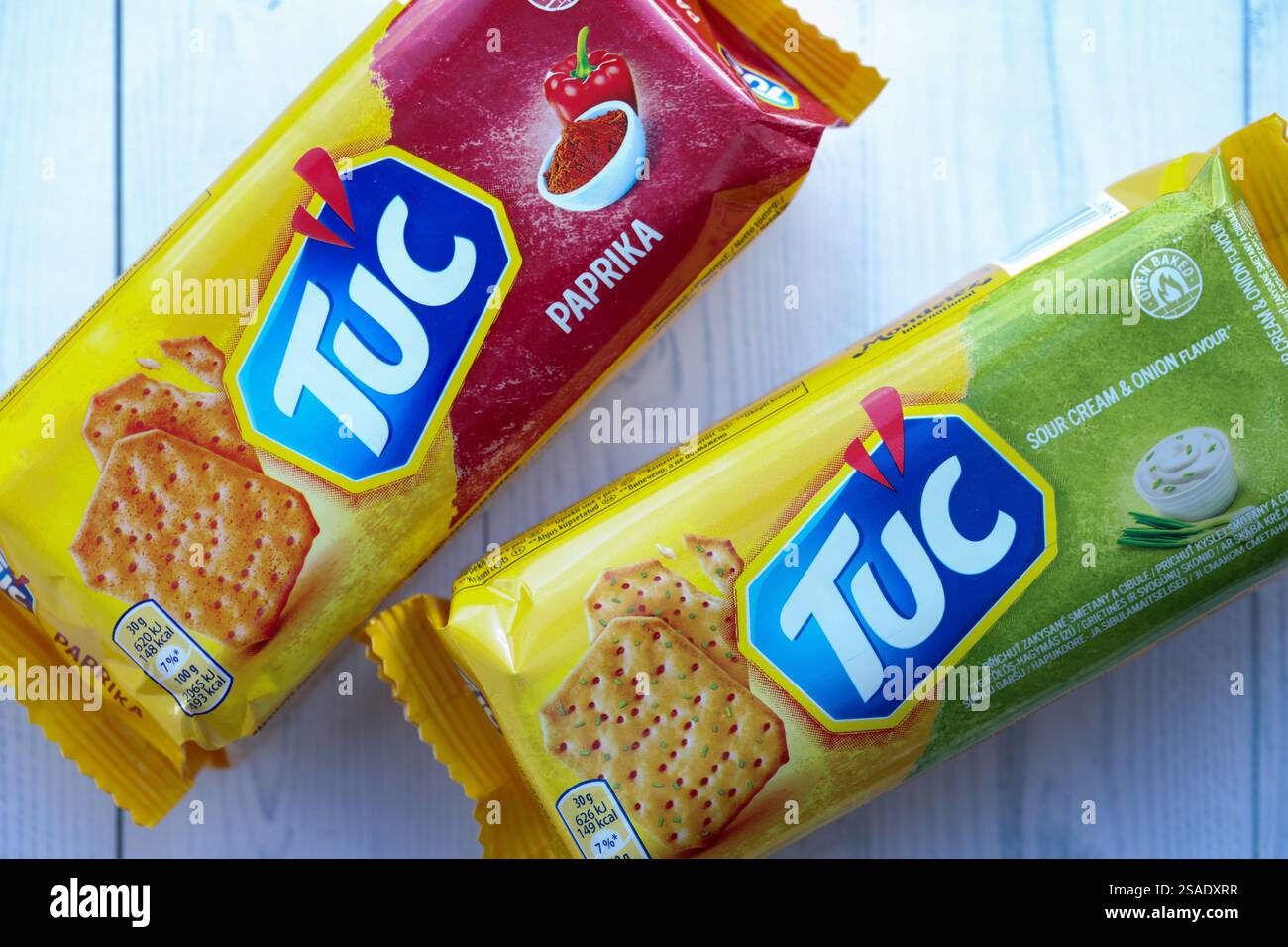 KYIV, UKRAINE - JANUARY 29, 2025 Tuc snack pack on bright flat ...