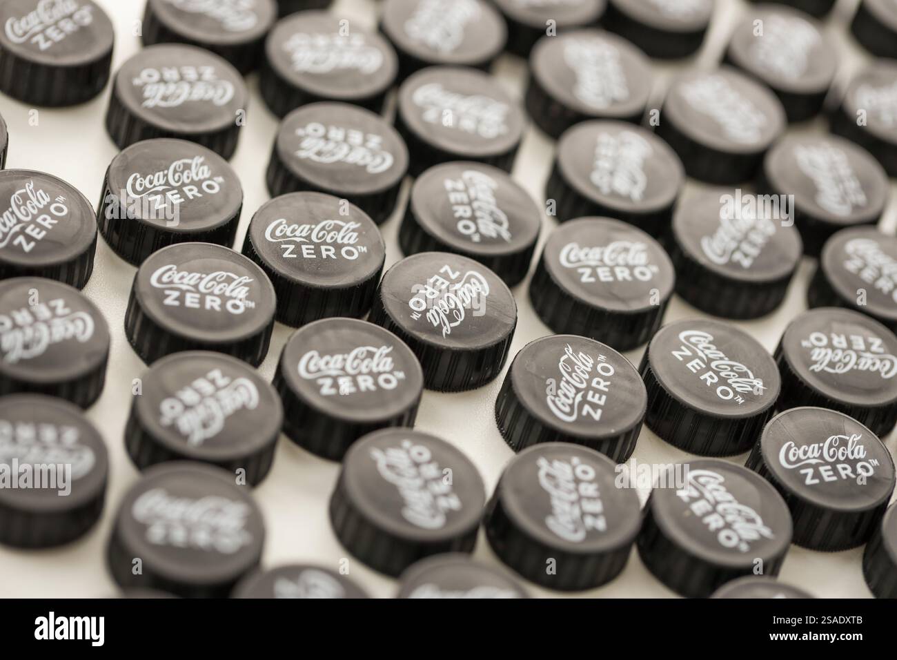 KYIV, UKRAINE - JANUARY 29, 2025 Coca Cola Plastic bottle caps ...