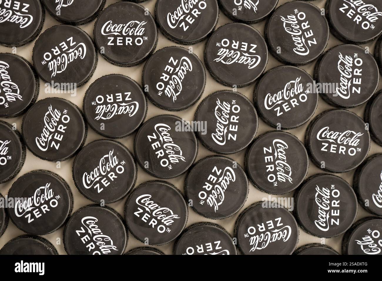 KYIV, UKRAINE - JANUARY 29, 2025 Coca Cola Plastic bottle caps ...