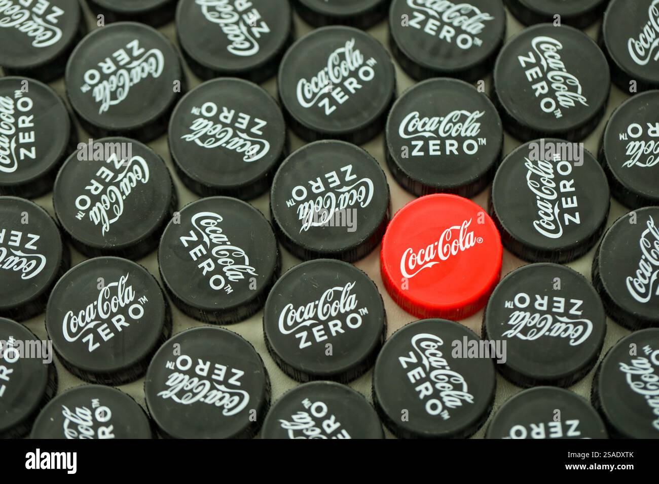 KYIV, UKRAINE - JANUARY 29, 2025 Coca Cola Plastic bottle caps ...