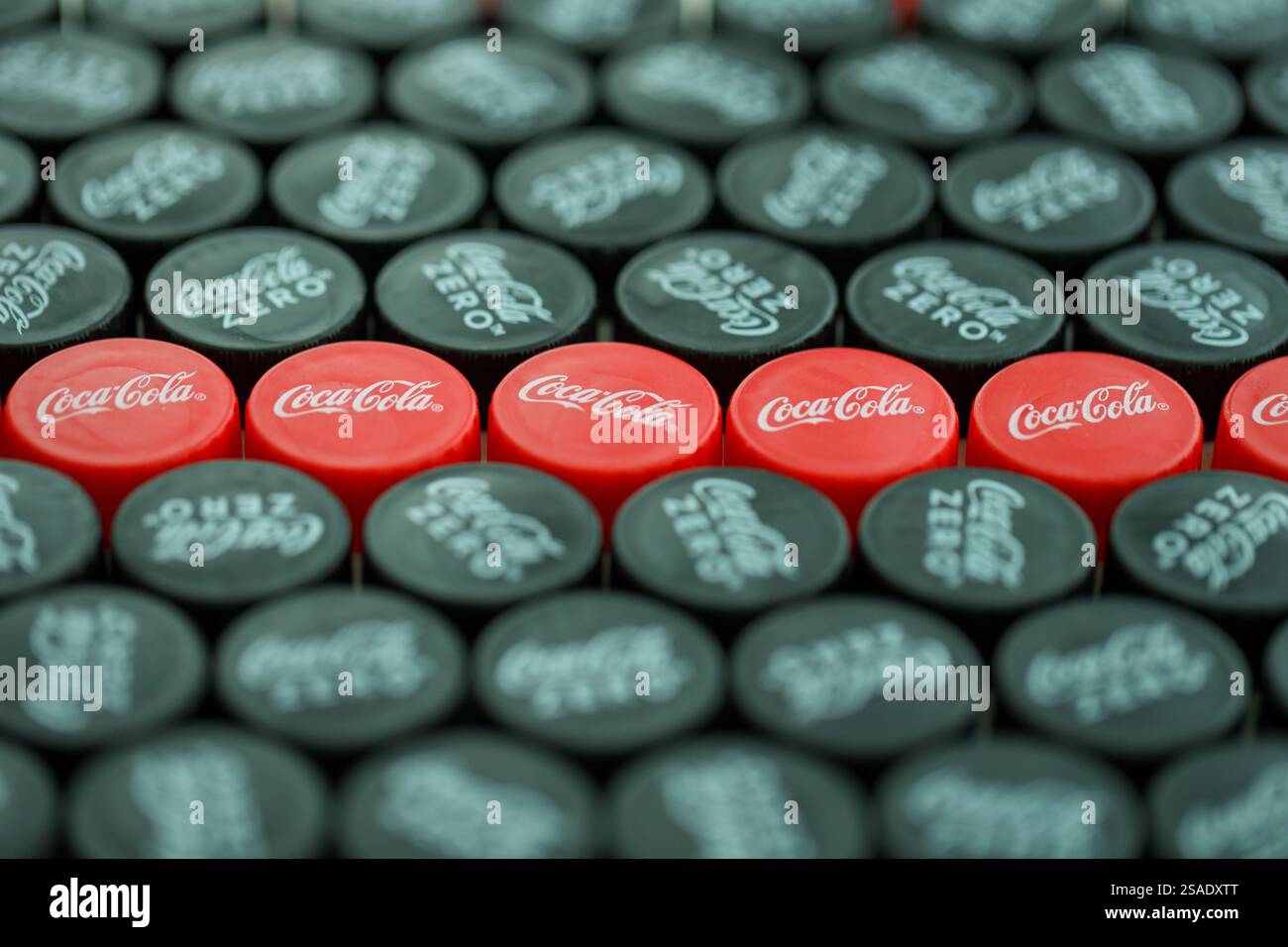 KYIV, UKRAINE - JANUARY 29, 2025 Coca Cola Plastic bottle caps ...