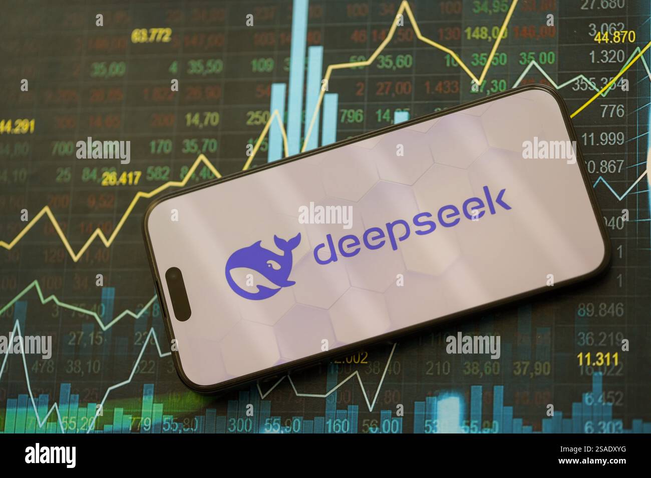 KYIV, UKRAINE - JANUARY 29, 2025 Deepseek AI assistant logo on apple ...