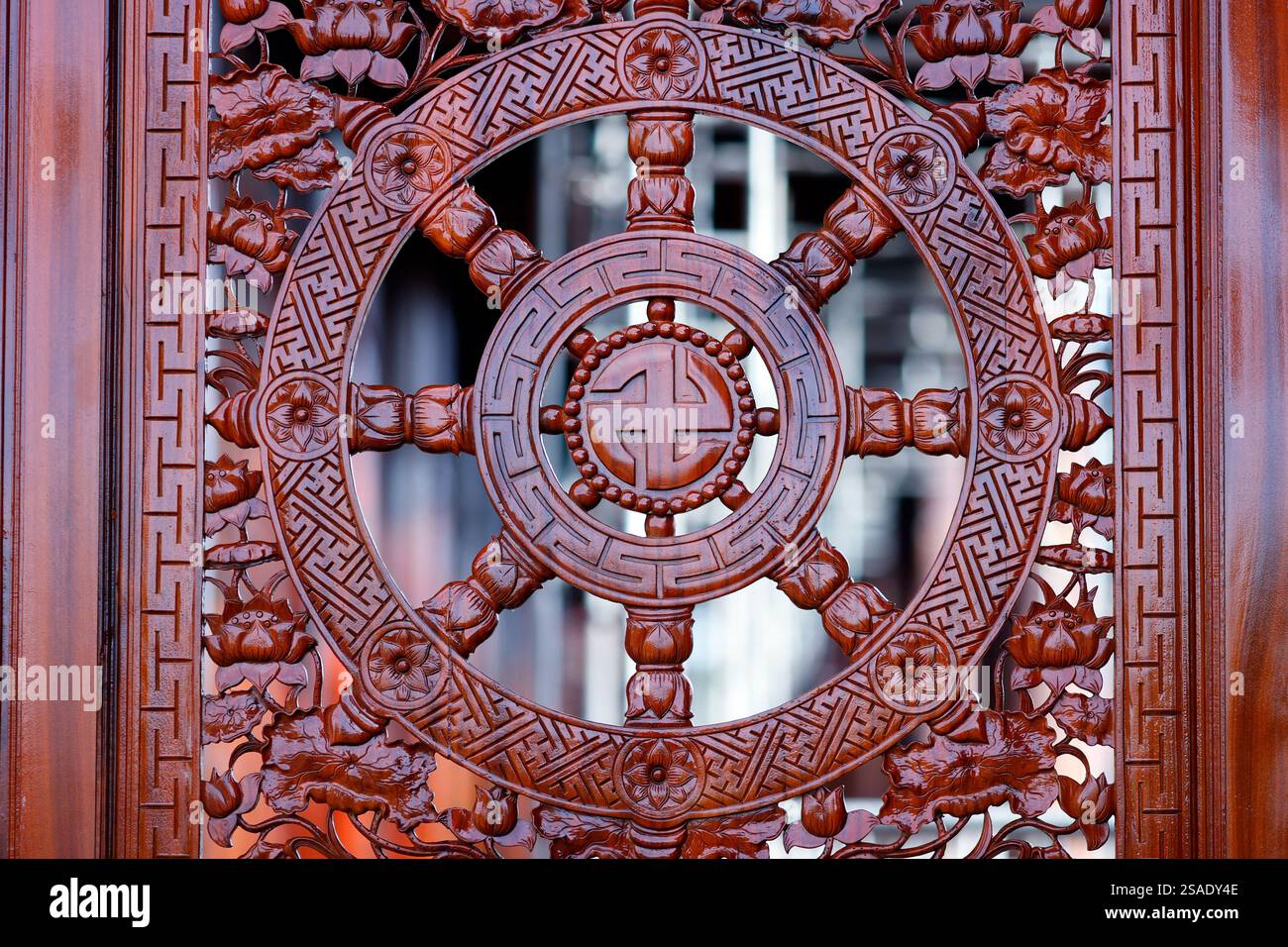 Thien Truc buddhist pagoda. The dharma wheel, or dharmachakra in ...