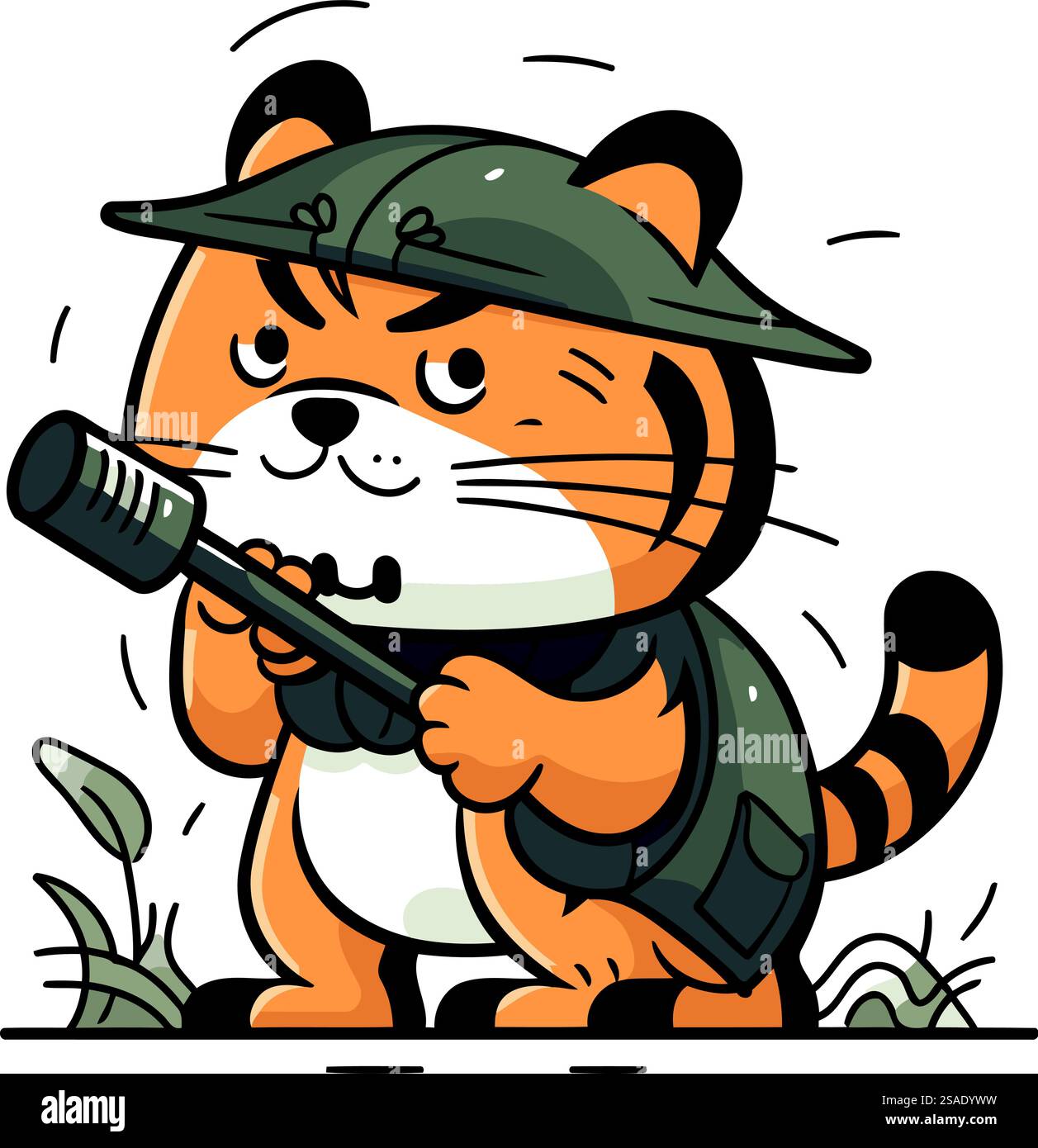 Cute tiger in a hat with a microphone in his hand. Vector illustration ...