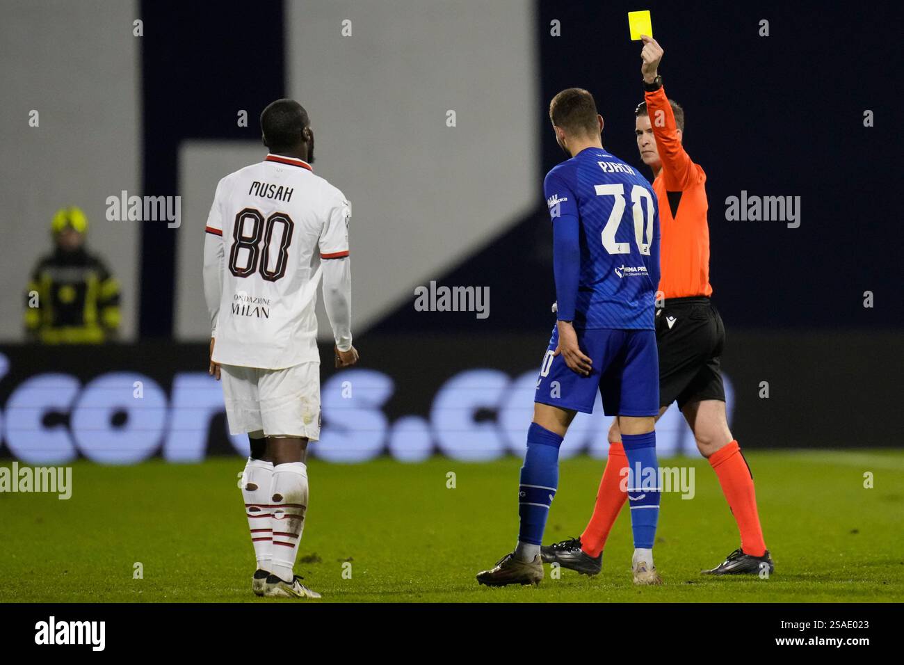 Dinamo's Marko Pjaca is shown with a yellow card by the referee during a Champions League soccer ...