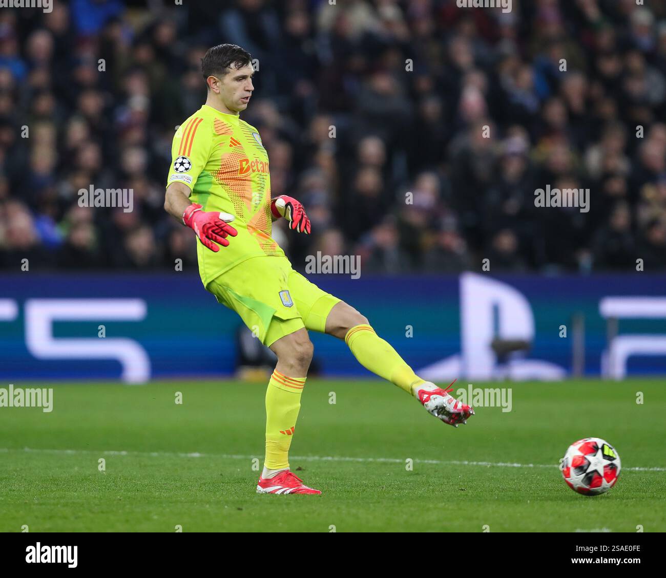 Emiliano Martínez of Aston Villa passes the ball during the UEFA ...