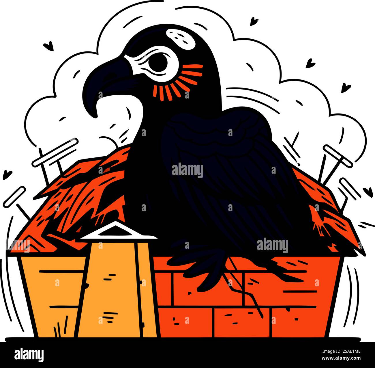 Crow sitting on the roof of a house. Vector illustration Stock Vector ...