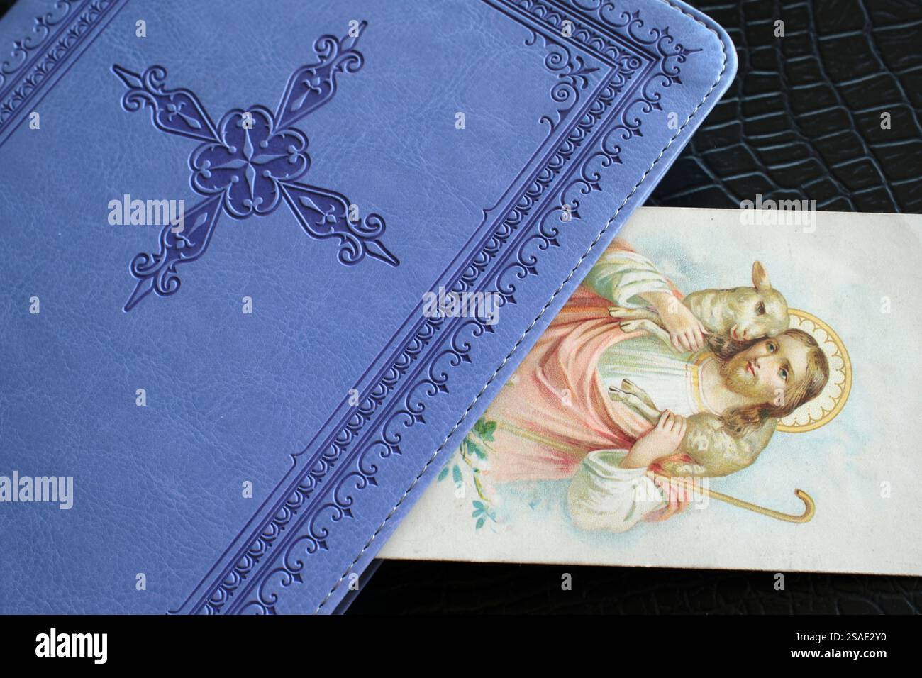 Blue Bible with a religious image. Jesus the good shepherd Stock Photo ...